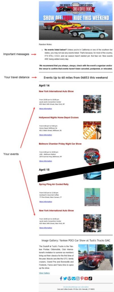 Weekly Event Listings by Email - Cars and Coffee Events